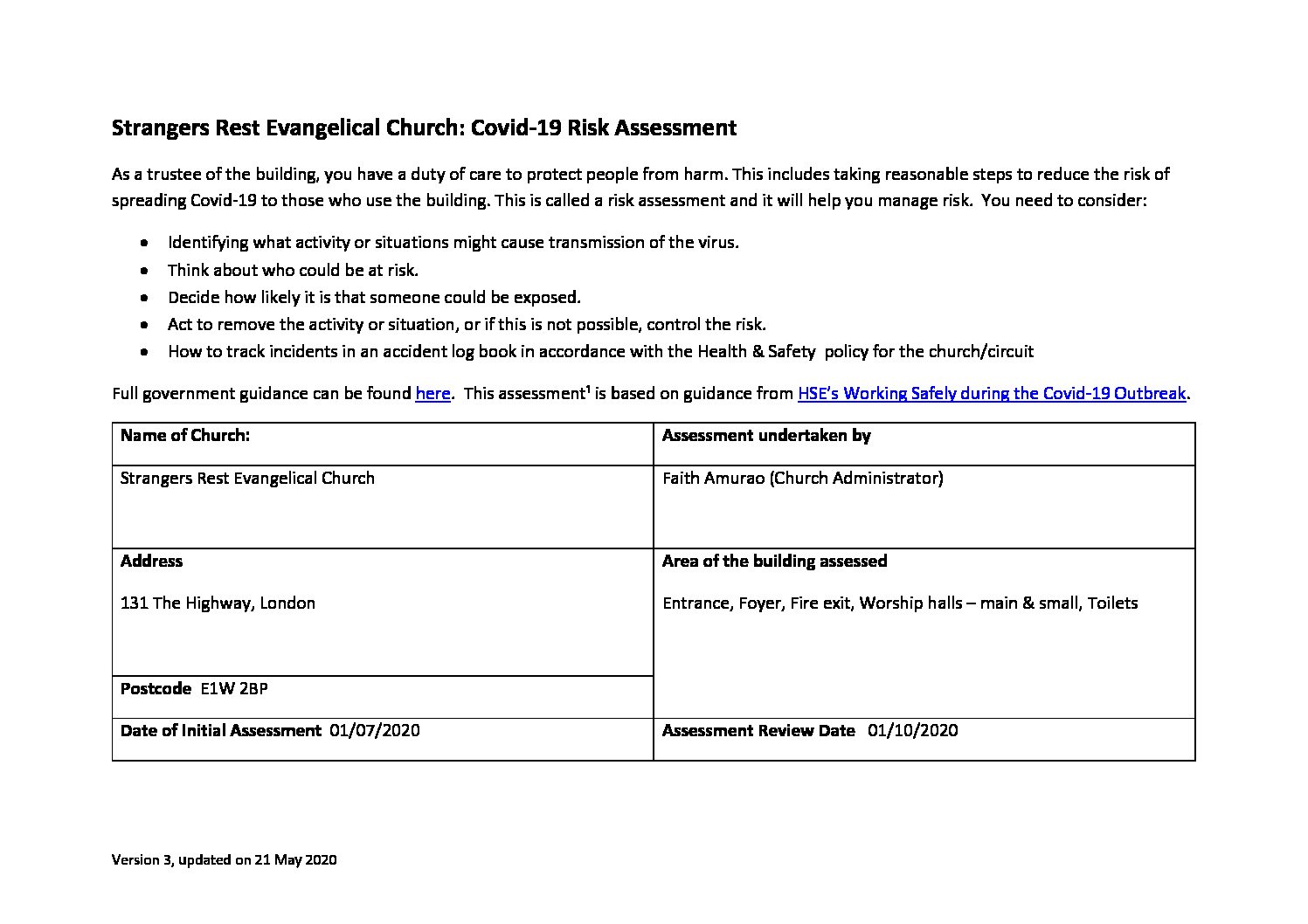 COVID-19 Risk Assessment - Strangers Rest Evangelical Church